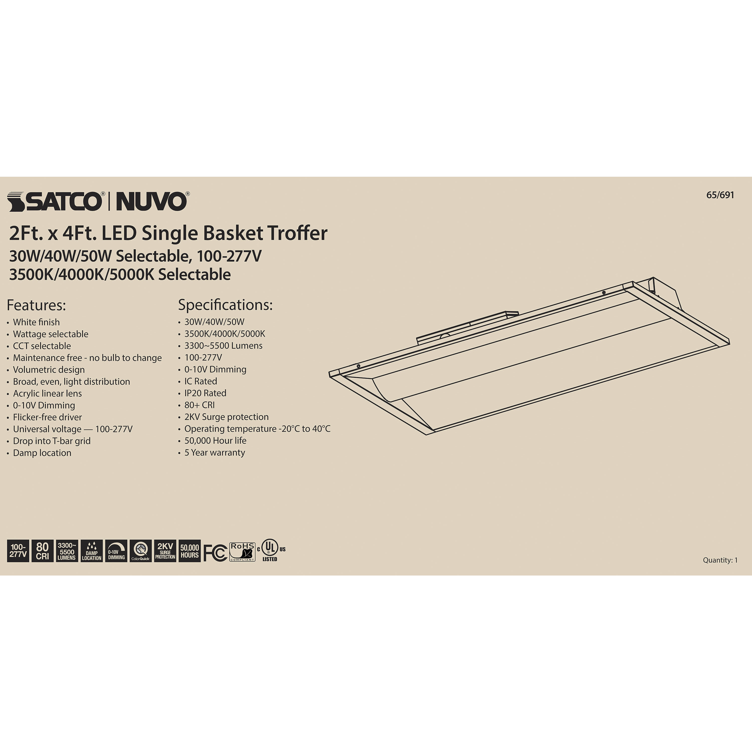 Nuvo 65/691 Brentwood LED 24 inch White Troffer Ceiling Light, Center ...